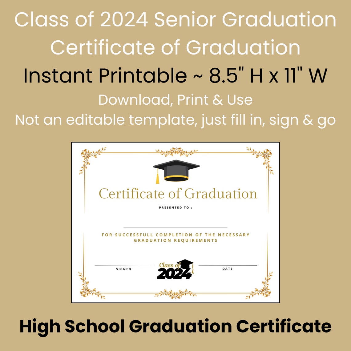 High School Senior Diploma Certificate of Graduation Class of 2024 ...