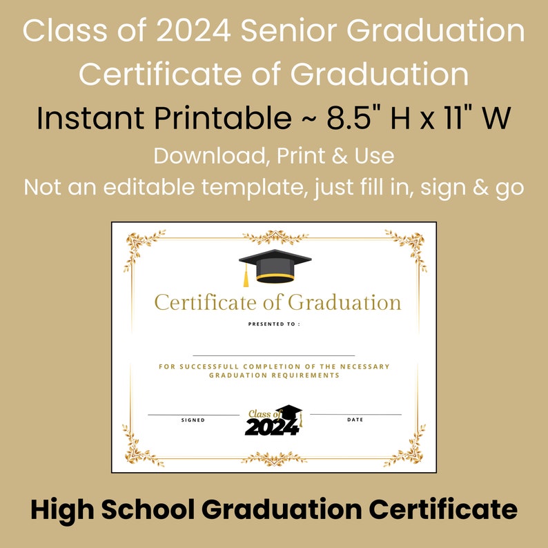 High School Senior Diploma Certificate of Graduation Class of 2024 ...