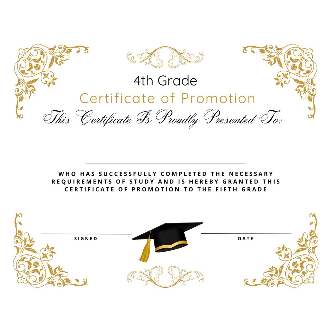 Fourth 4th Grade Promotion Graduation Diploma Completion Certificate ...