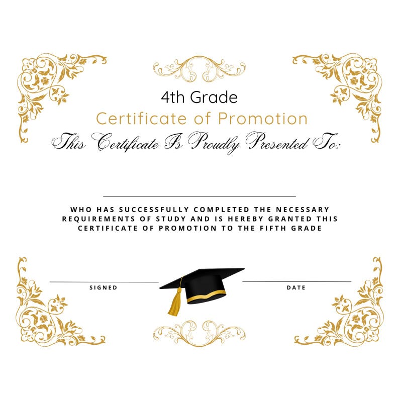 Fourth 4th Grade Promotion Graduation Diploma Completion Certificate ...