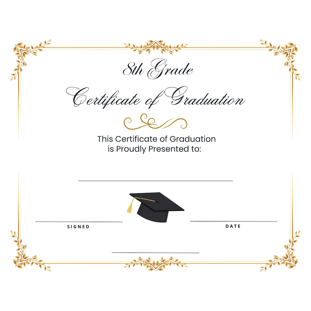 Eighth Grade Graduation Diploma Certificate Pretty Elegant Printable ...