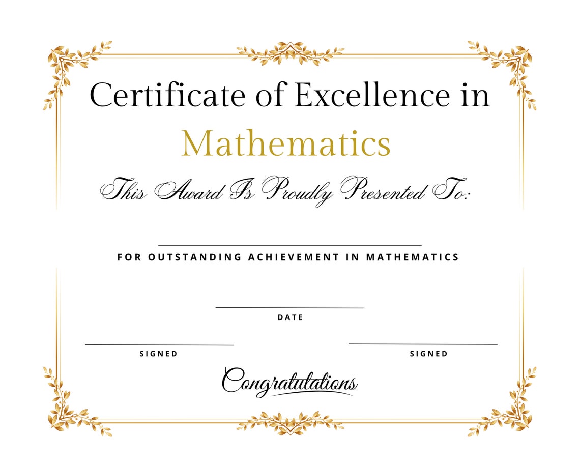 Math Excellence Award Graduation Certificate Mathematics Instant ...