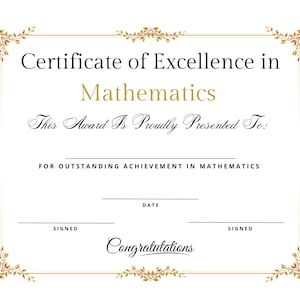 Math Excellence Award Graduation Certificate Mathematics Instant ...