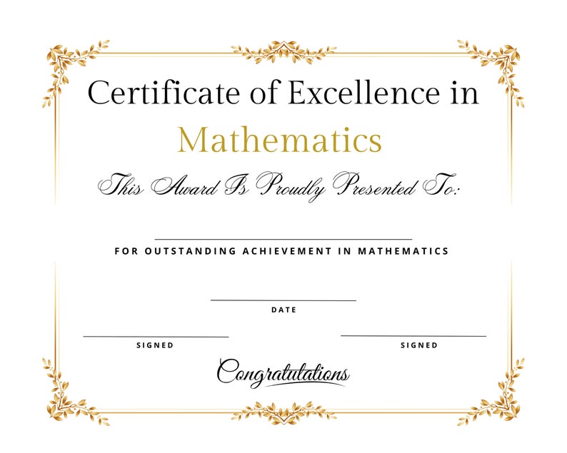 Math Excellence Award Graduation Certificate Mathematics Instant ...