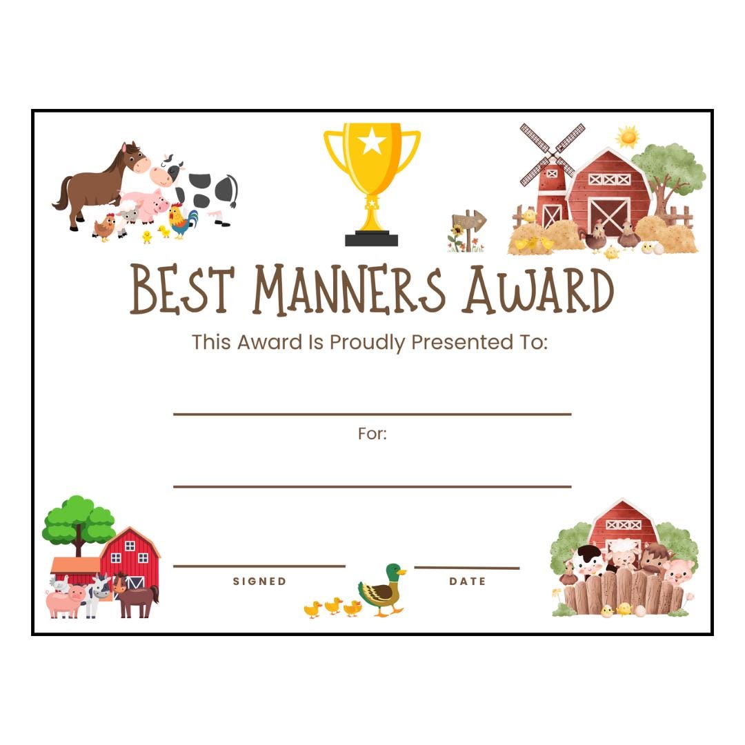 Best Manners School Award Certificate / Farm Theme Classroom / Adorable Farm Animals / Instant ...