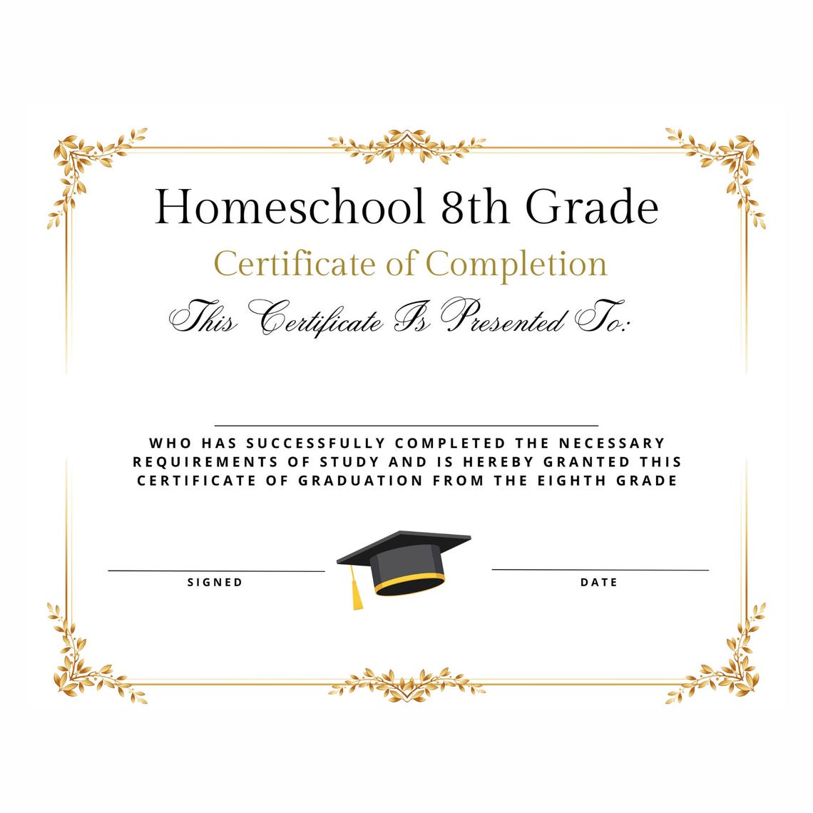 Homeschool Eighth Grade Graduation Diploma Certificate Instant Download ...