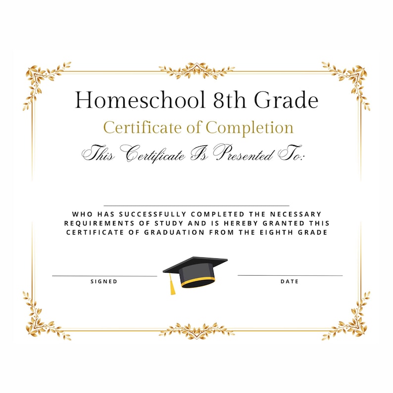 Homeschool Eighth Grade Graduation Diploma Certificate Instant Download ...