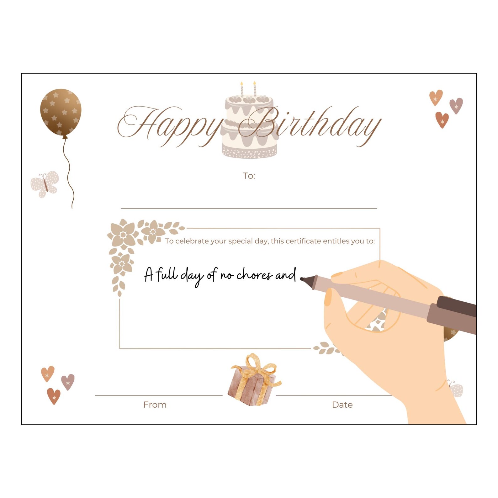 Boho Tan & Brown Happy Birthday Certificate Award Premade Ready Made ...
