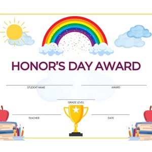 Kid's Student Honor's Day Award Certificate Rainbow Instant Download ...