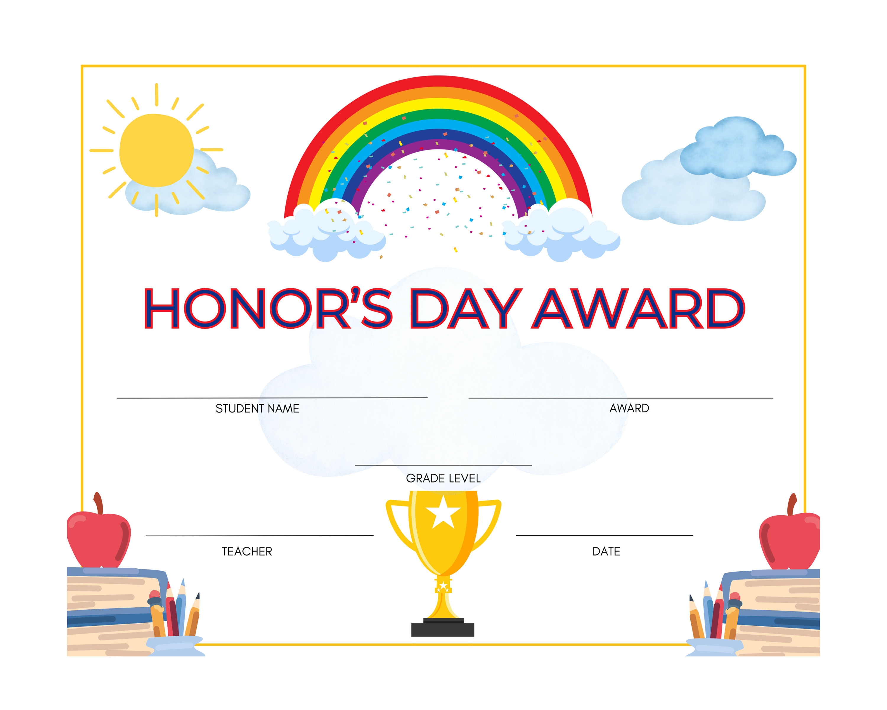 Kid's Student Honor's Day Award Certificate Rainbow Instant Download ...