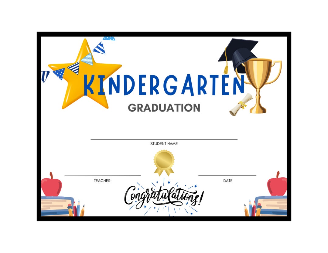 Kindergarten Graduation Certificate Diploma Blue Letters Instant ...
