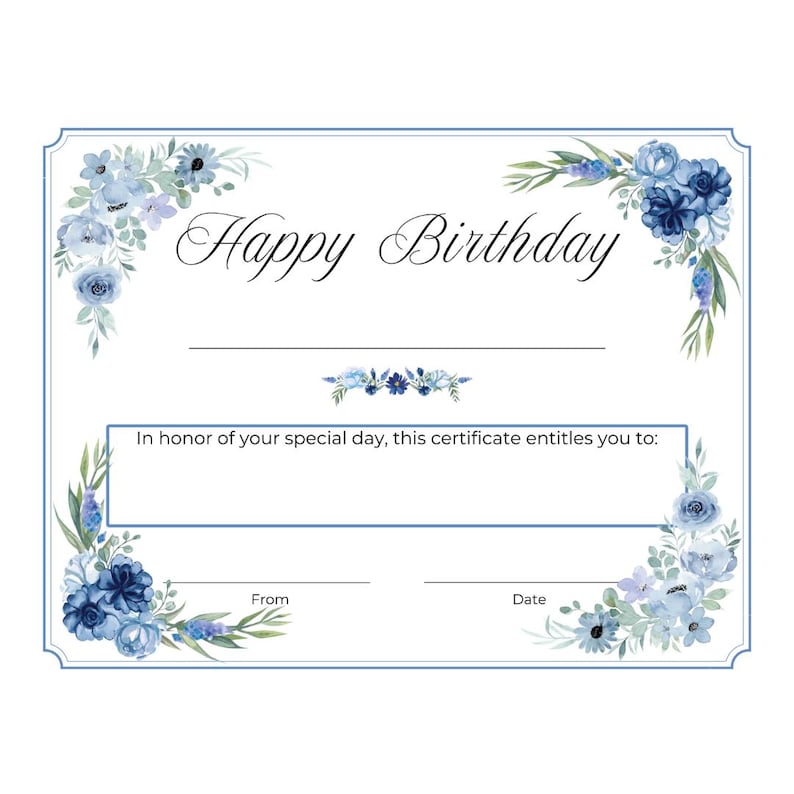Happy Birthday Certificate Award Blue Flowers Vintage Floral Toile ...