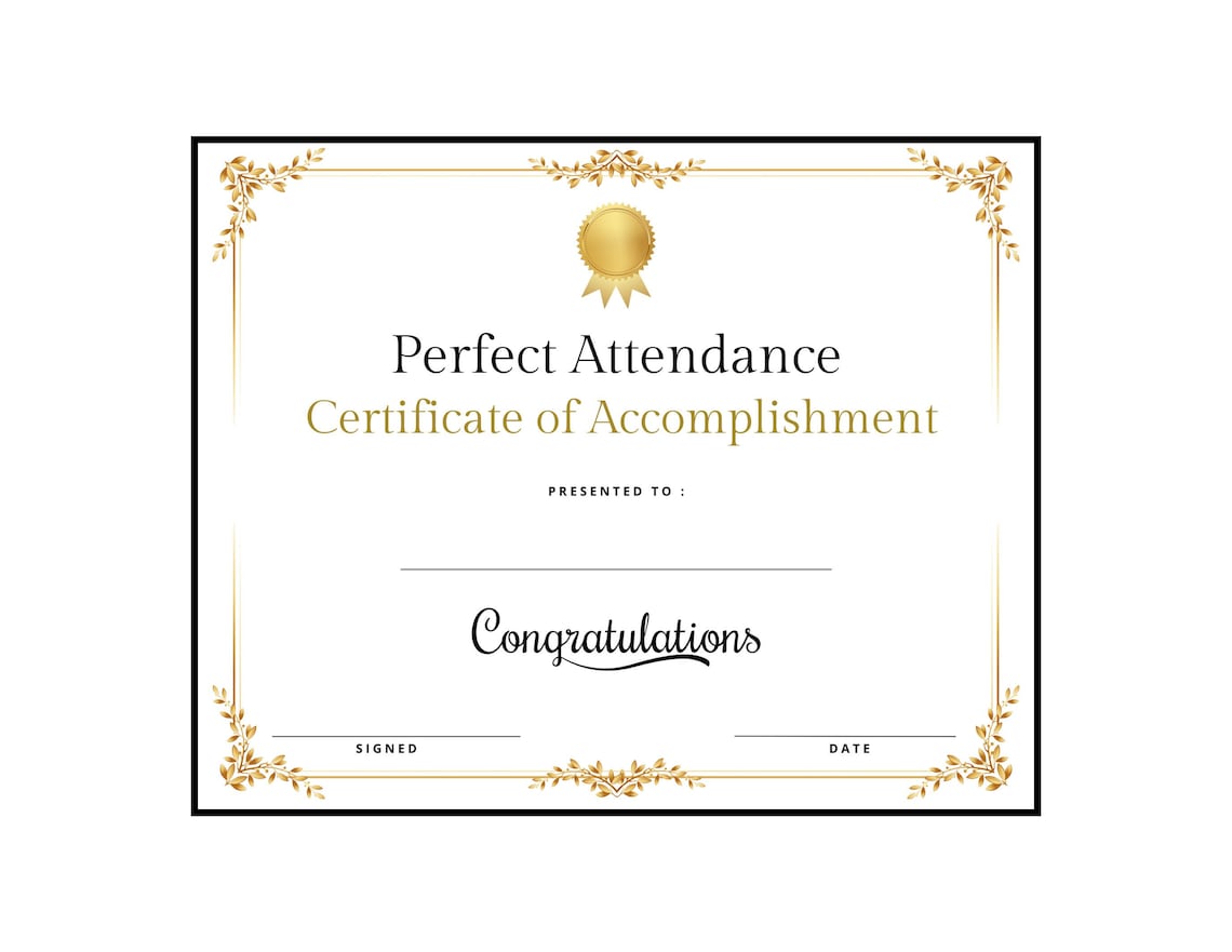 Perfect Attendance Student Award Graduation Certificate Instant ...