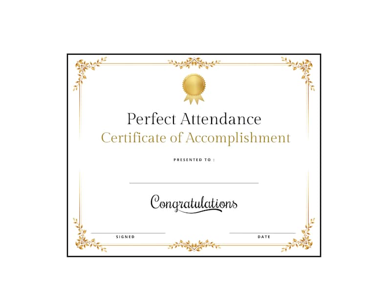 Perfect Attendance Student Award Graduation Certificate Instant ...
