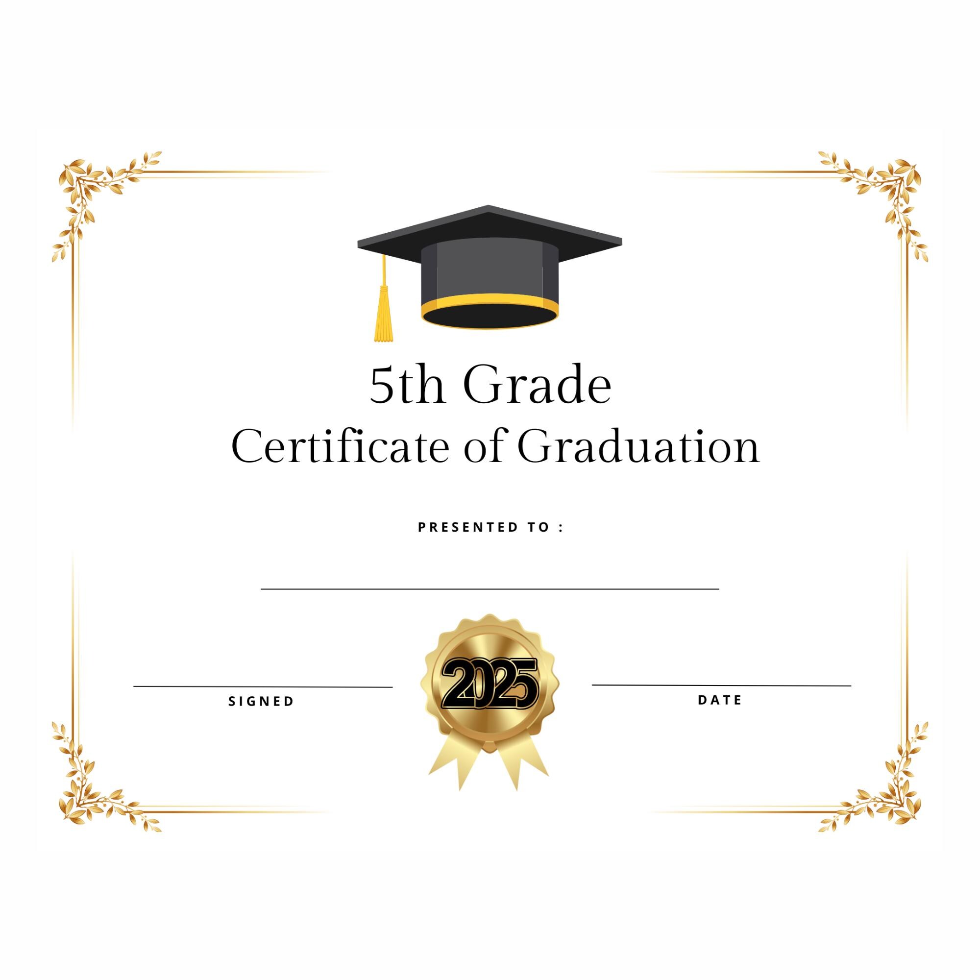Fifth 5th Grade 2025 Graduation Diploma Award Certificate Instant ...