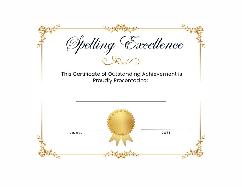 Spelling Excellence Certificate Achievement Award Any Age Grade Level ...