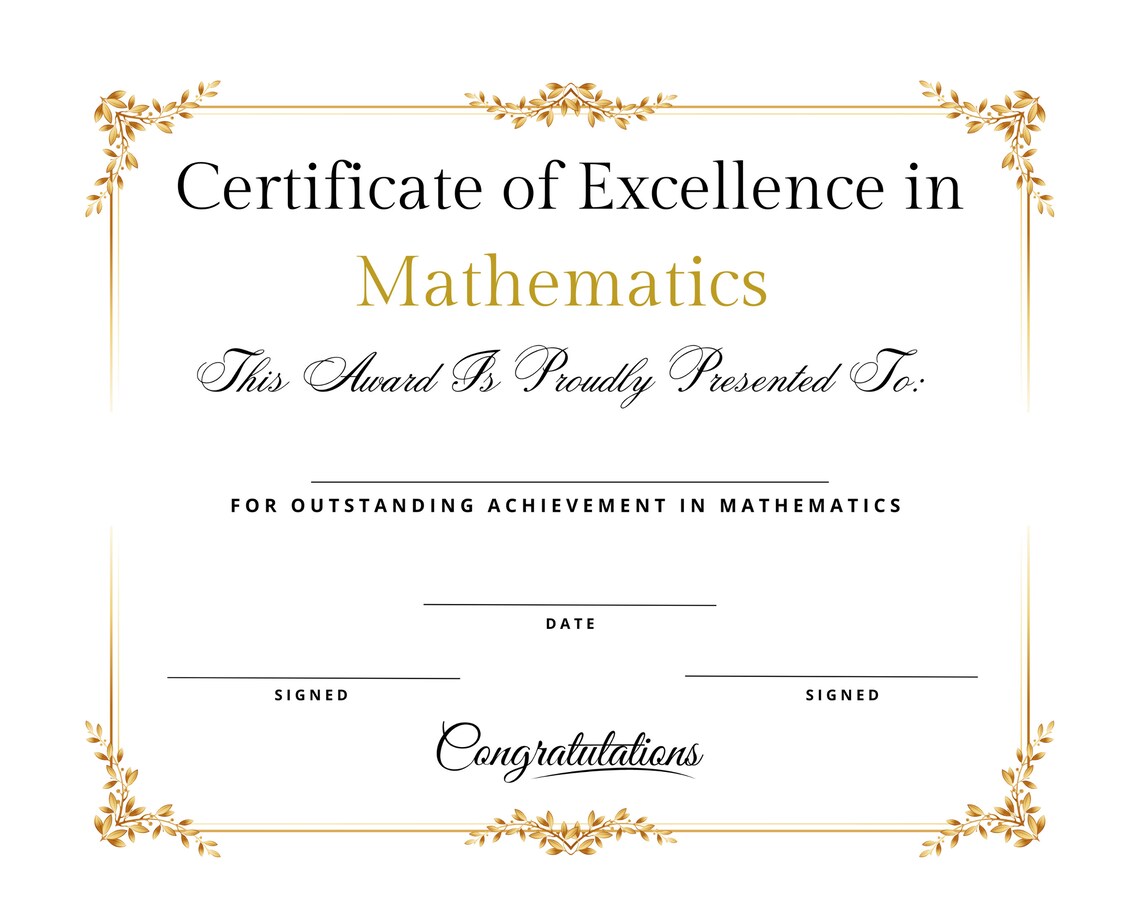 Math Excellence Award Graduation Certificate Mathematics Instant ...