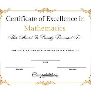 Math Excellence Award Graduation Certificate Mathematics Instant ...