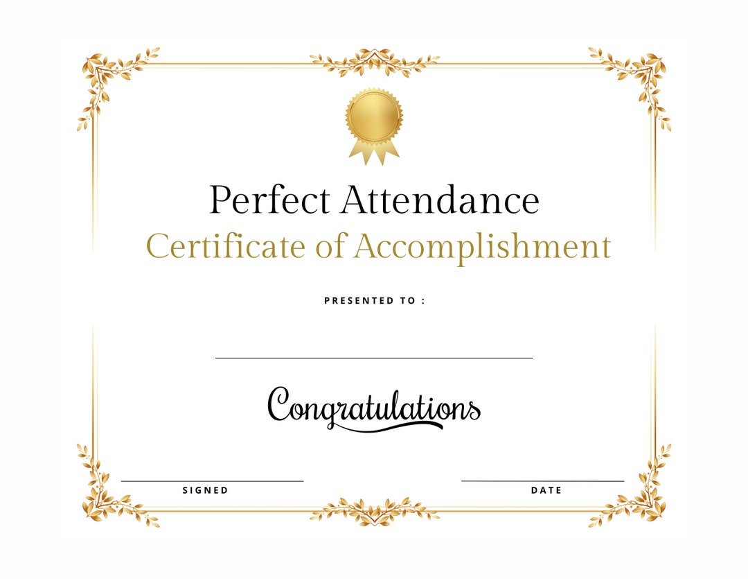 Perfect Attendance Student Award Graduation Certificate Instant ...