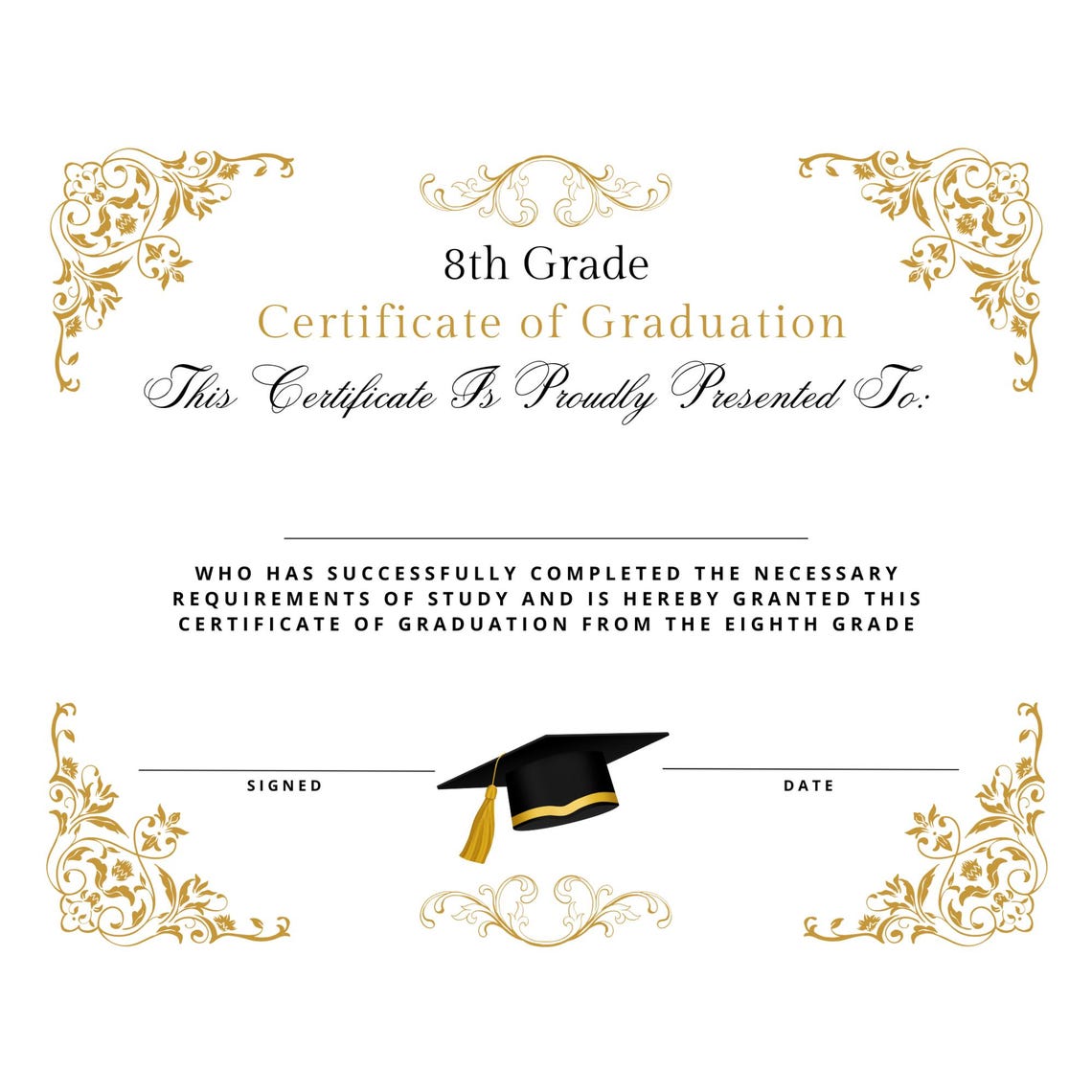Eighth 8th Grade Graduation Diploma Certificate School Promotion Gold ...