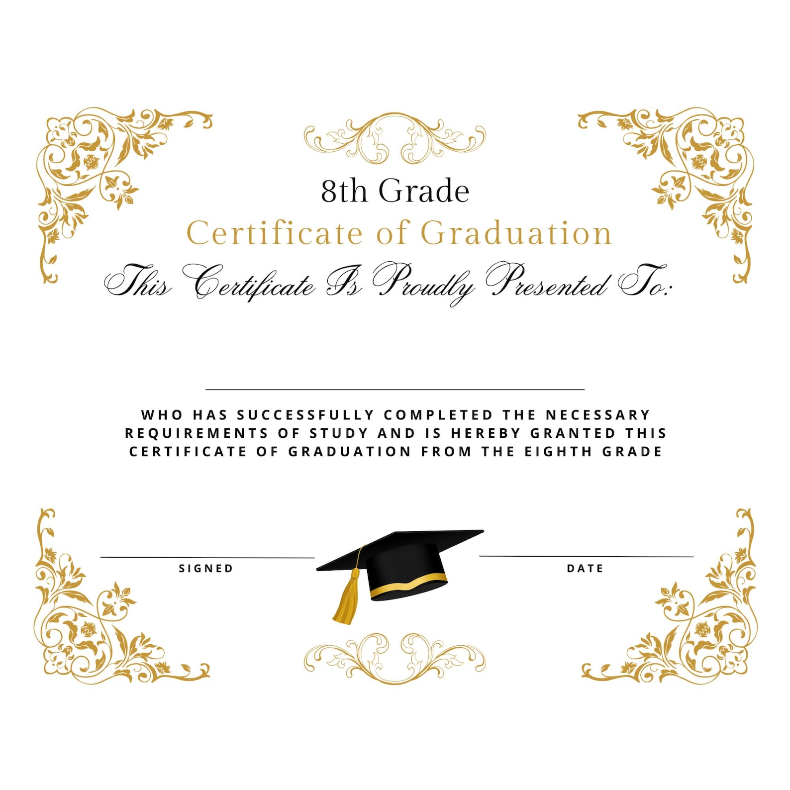Eighth 8th Grade Graduation Diploma Certificate School Promotion Gold ...