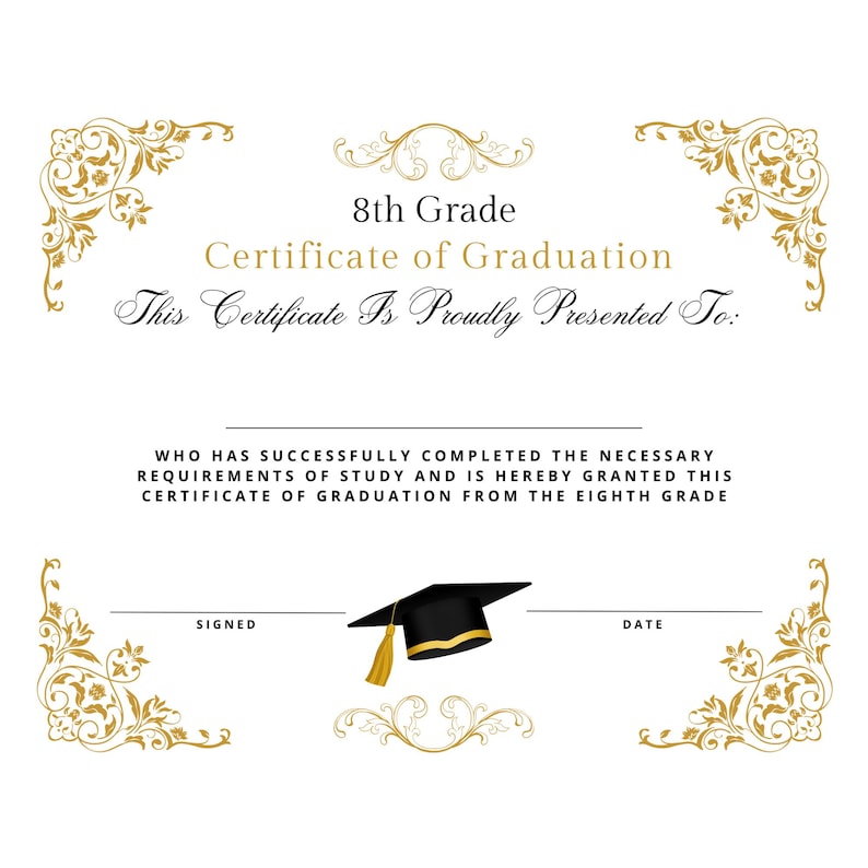 Eighth 8th Grade Graduation Diploma Certificate School Promotion Gold ...