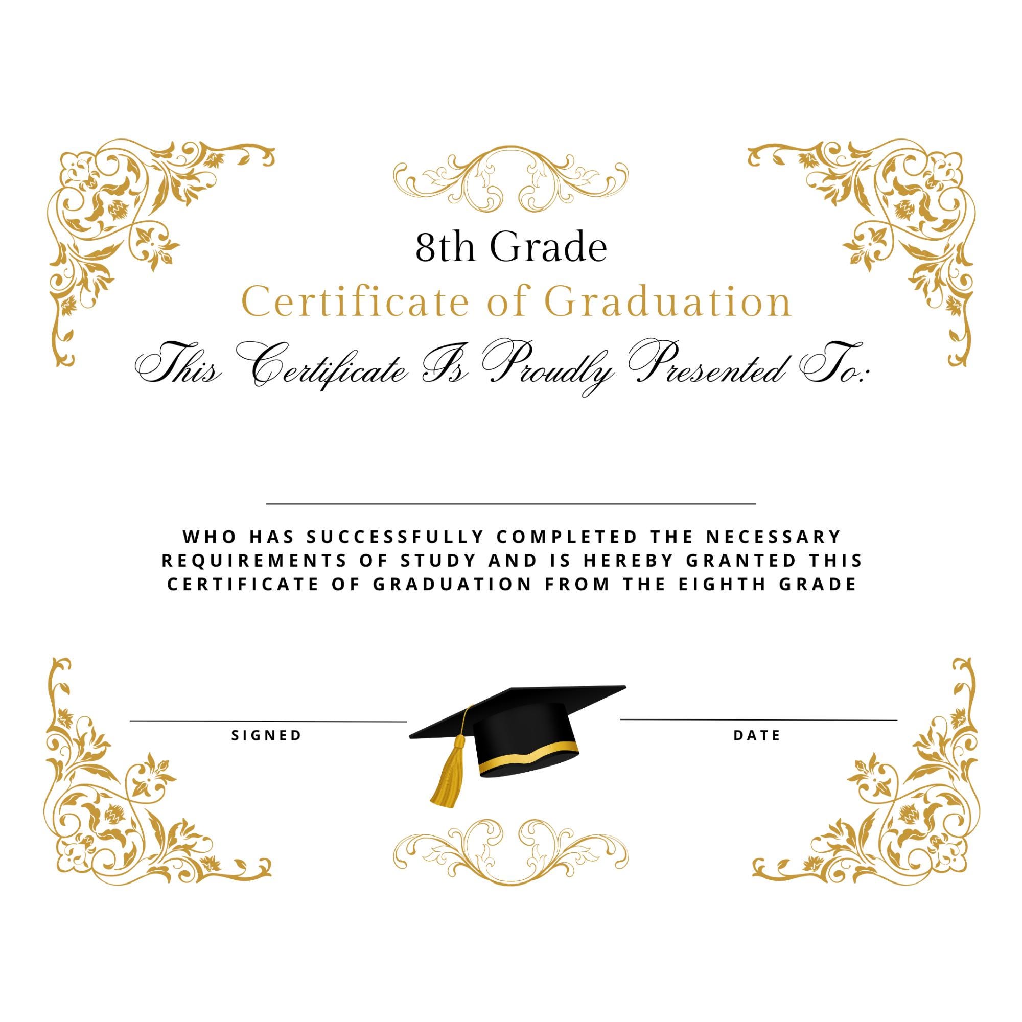 Eighth 8th Grade Graduation Diploma Certificate School Promotion Gold ...