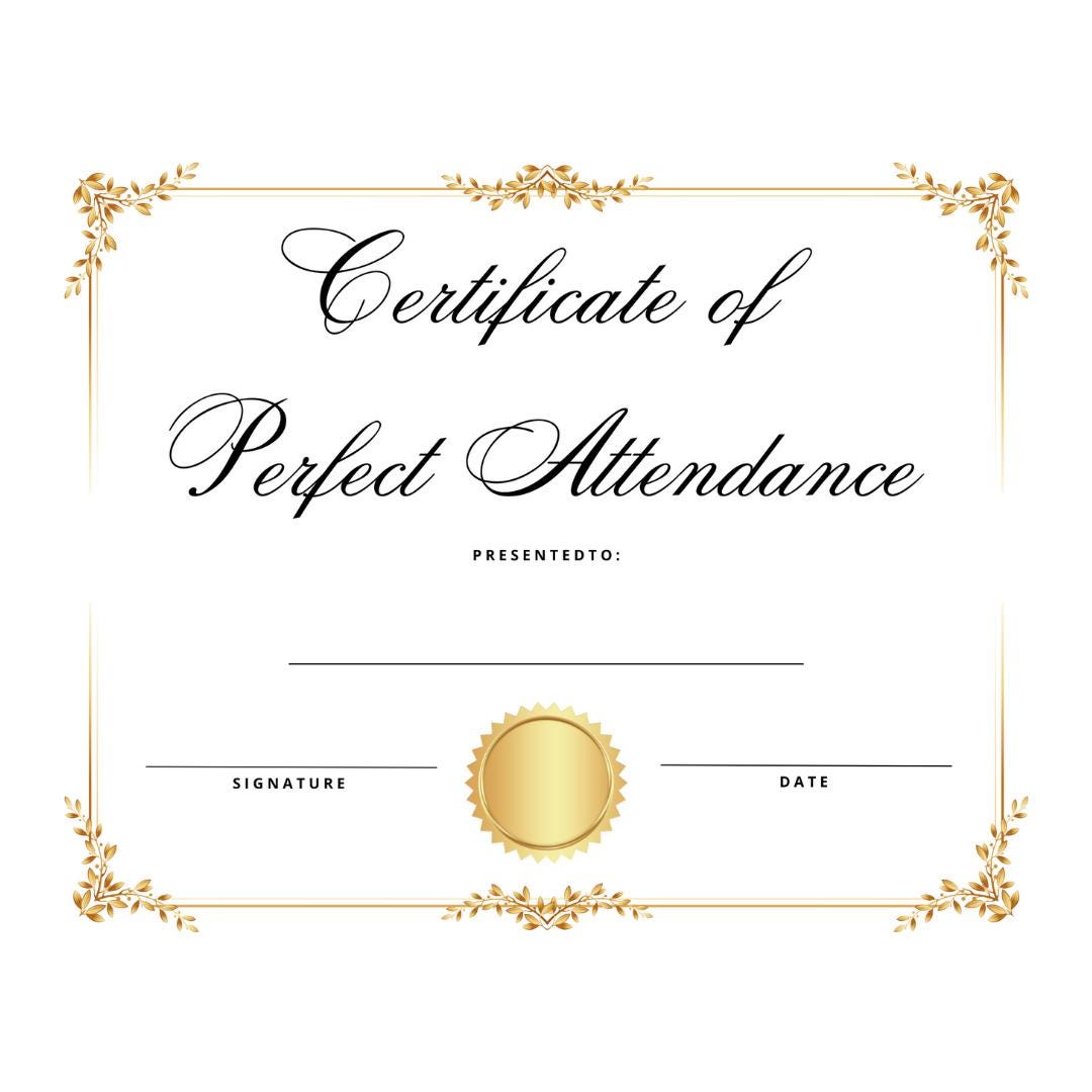 Perfect Attendance Student or Office Worker Award Certificate Simple ...
