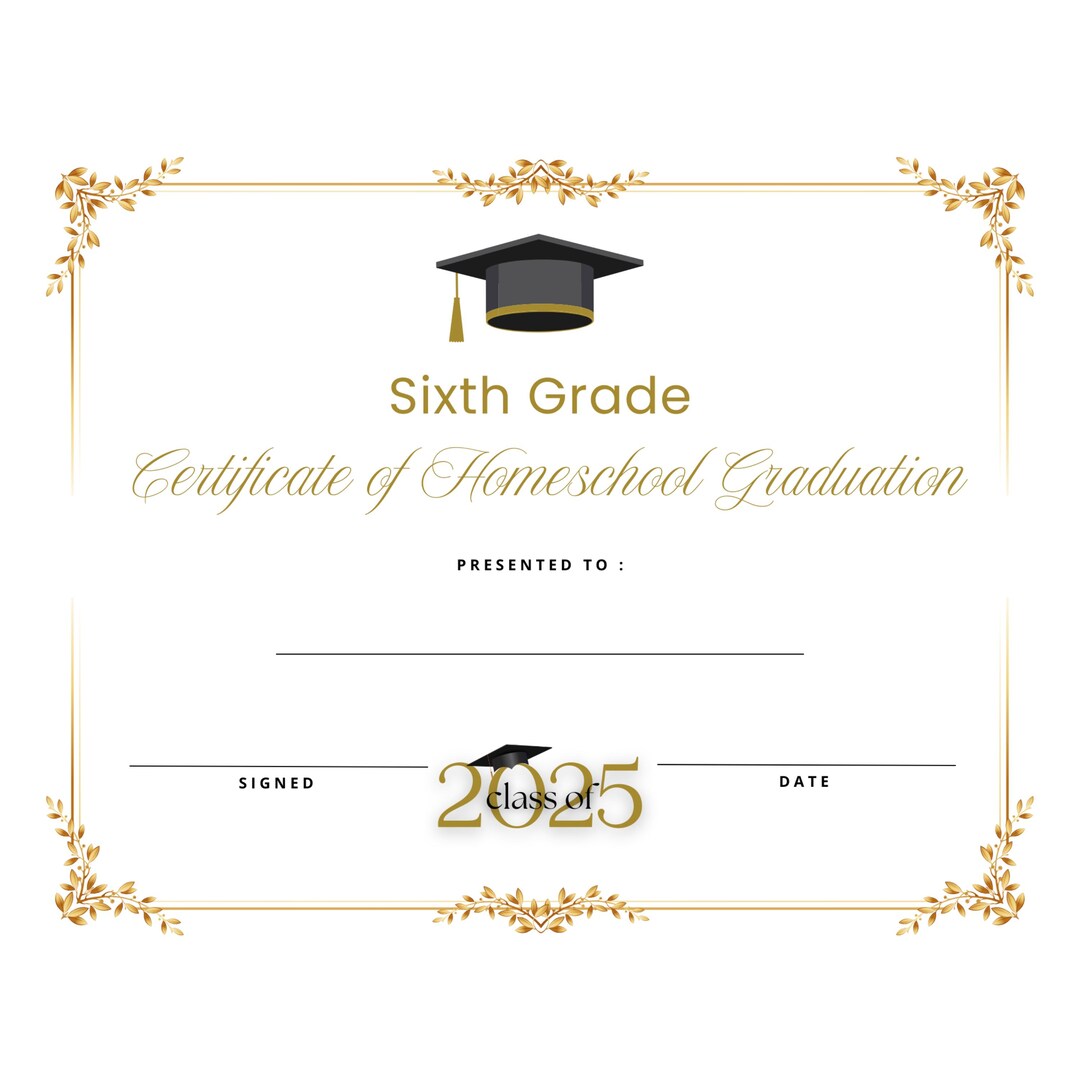 Homeschool 6th Sixth Grade Graduation Diploma Certificate Promoted ...