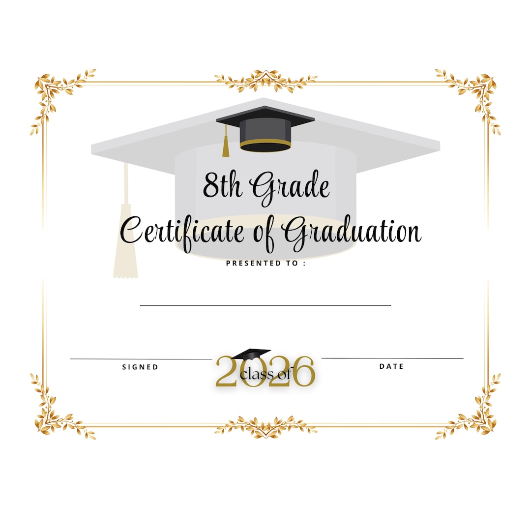 Eighth 8th 2026 Grade Graduation Diploma Certificate - PDF - Instant ...