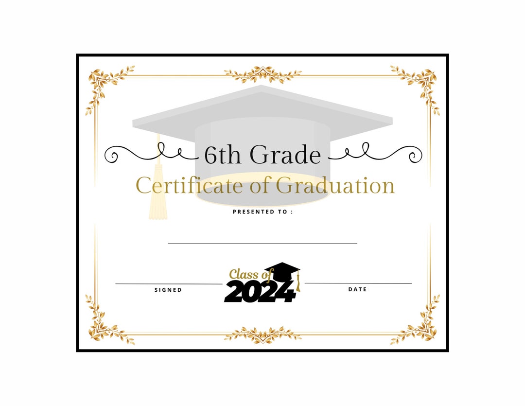 Sixth 6th Grade Graduation Diploma Certificate Instant Download ...