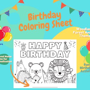 Happy Birthday Coloring Sheet Woodland Forest Friends Printable Instant ...