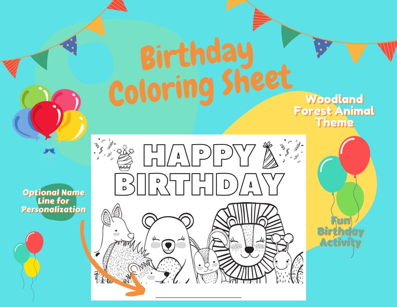 Happy Birthday Coloring Sheet Woodland Forest Friends Printable Instant ...