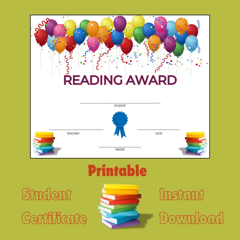 Honor's Day Reading Award Certificate Instant Download Balloons ...
