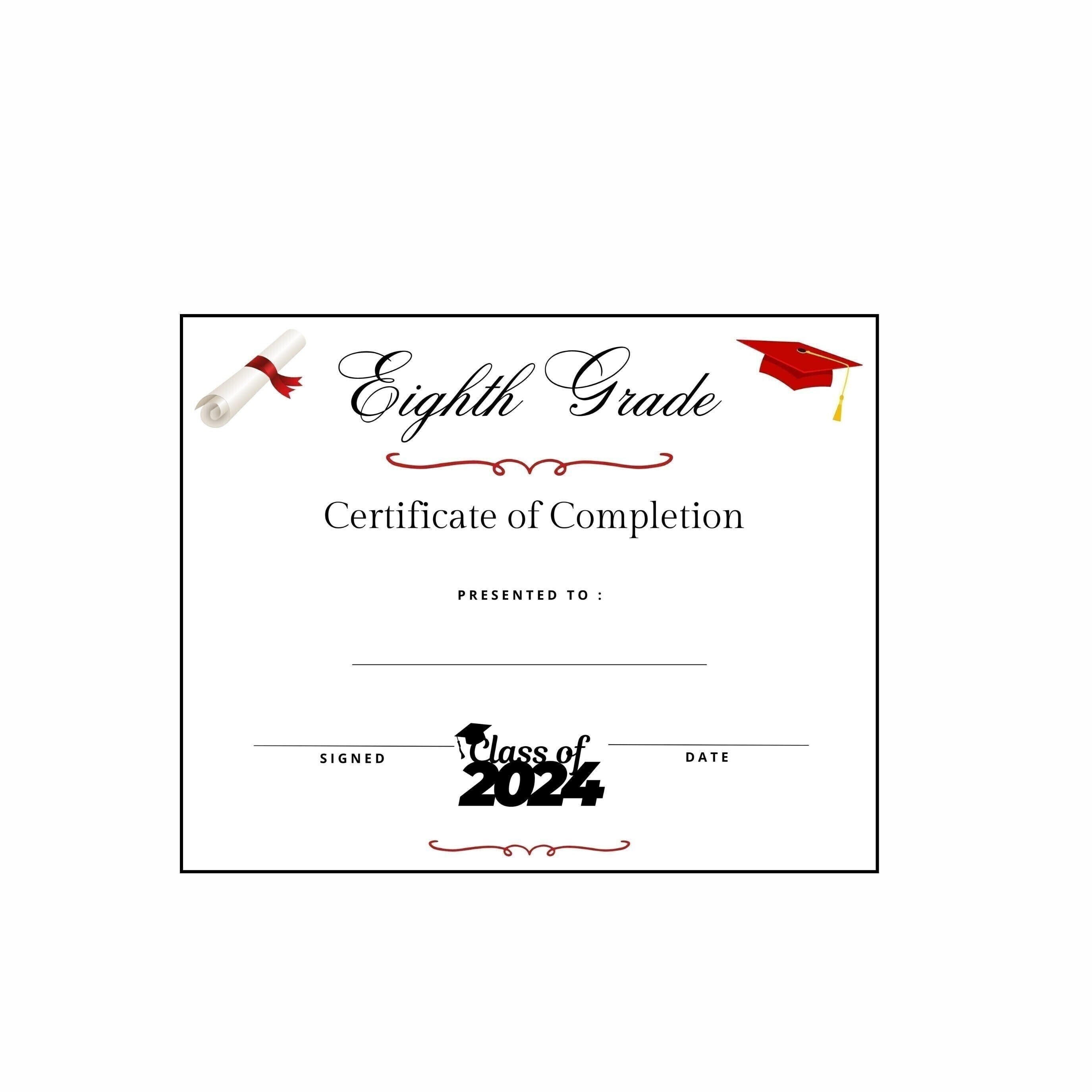 Eighth 8th Grade Graduation Completion Diploma Certificate Red and ...