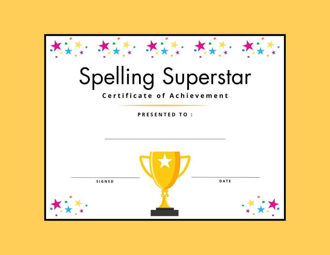 Superstar Speller Certificate of Achievement Award for Any Age or Grade ...