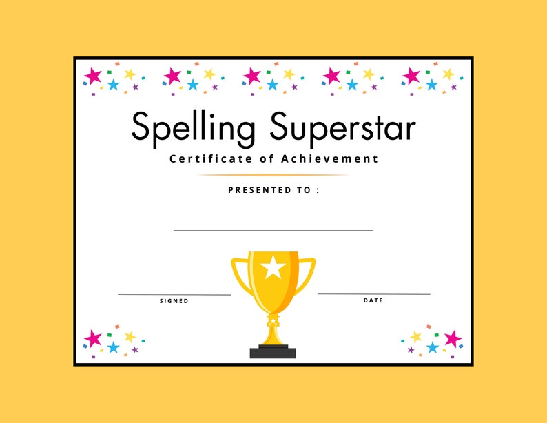 Superstar Speller Certificate of Achievement Award for Any Age or Grade ...