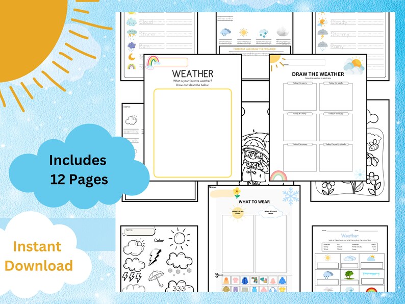 Weather Activity and Coloring Pages Bundle 12 Sheets Printable Instant ...