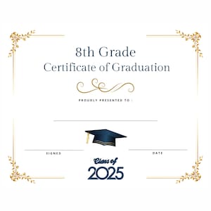 Eighth Grade 2025 Graduation Diploma Award Certificate Navy Blue ...