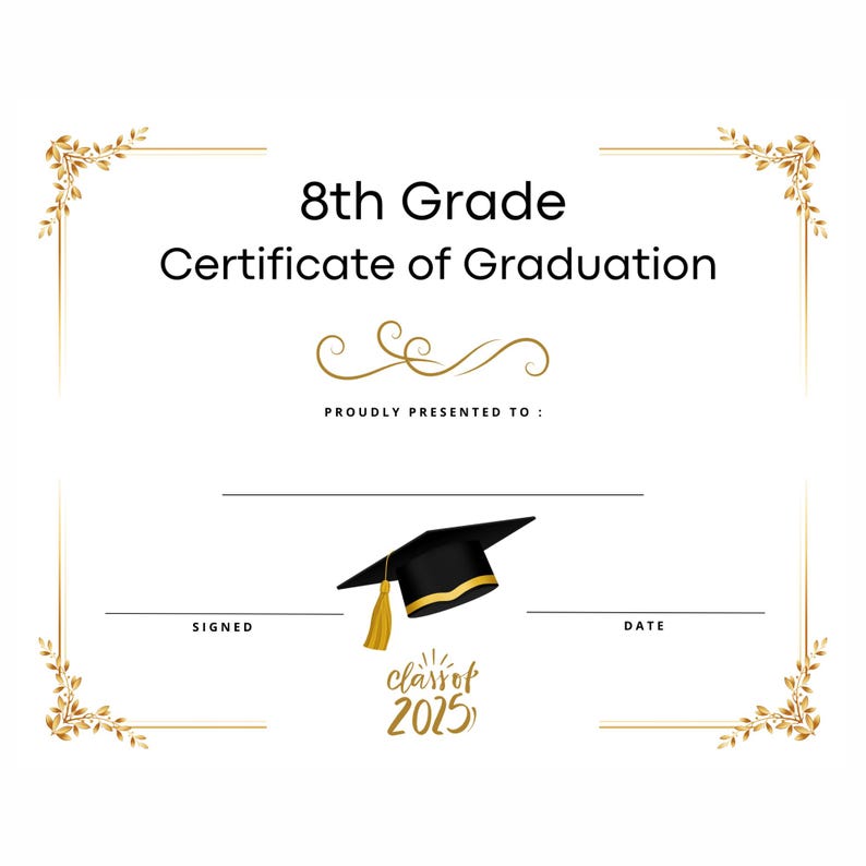 Eighth 8th Grade 2025 Graduation Diploma Award Certificate Instant ...