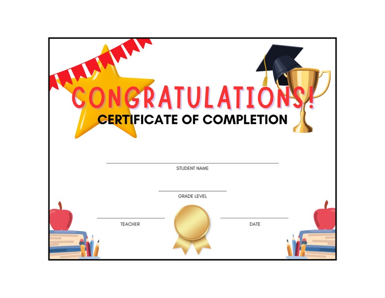 Certificate of Completion Instant Download Any Grade Level ...