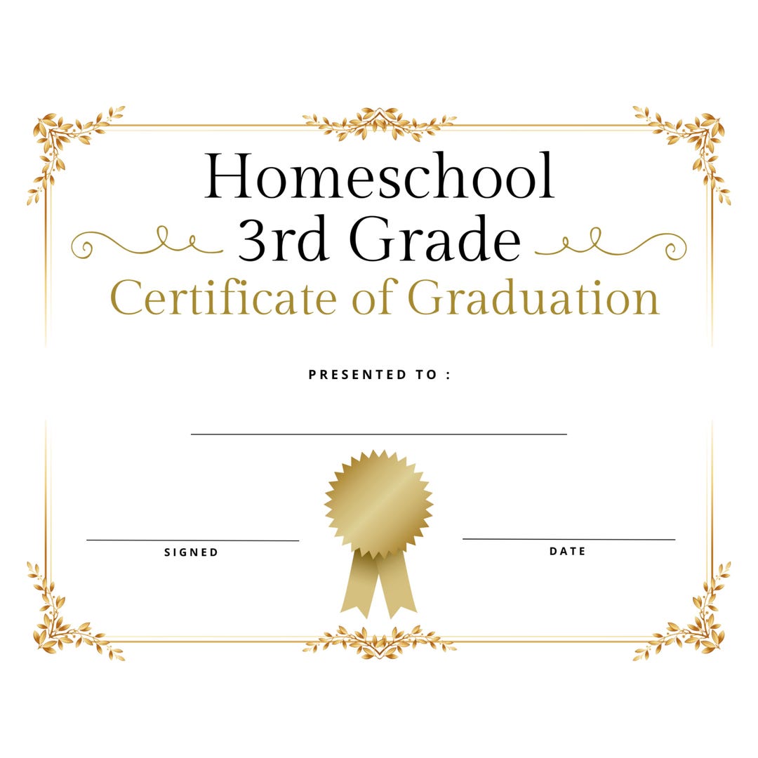 Third 3rd Grade Homeschool Graduation Diploma Certificate Instant ...
