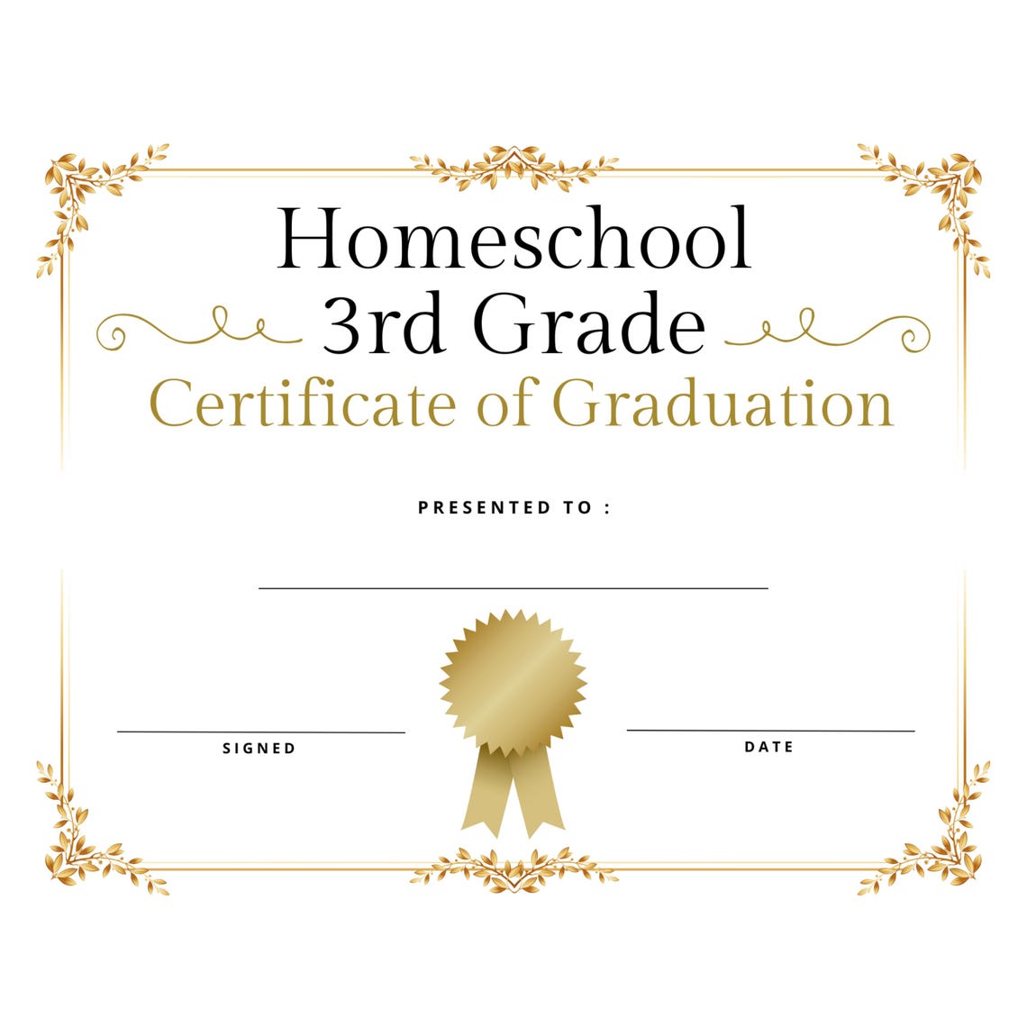 Third 3rd Grade Homeschool Graduation Diploma Certificate Instant ...