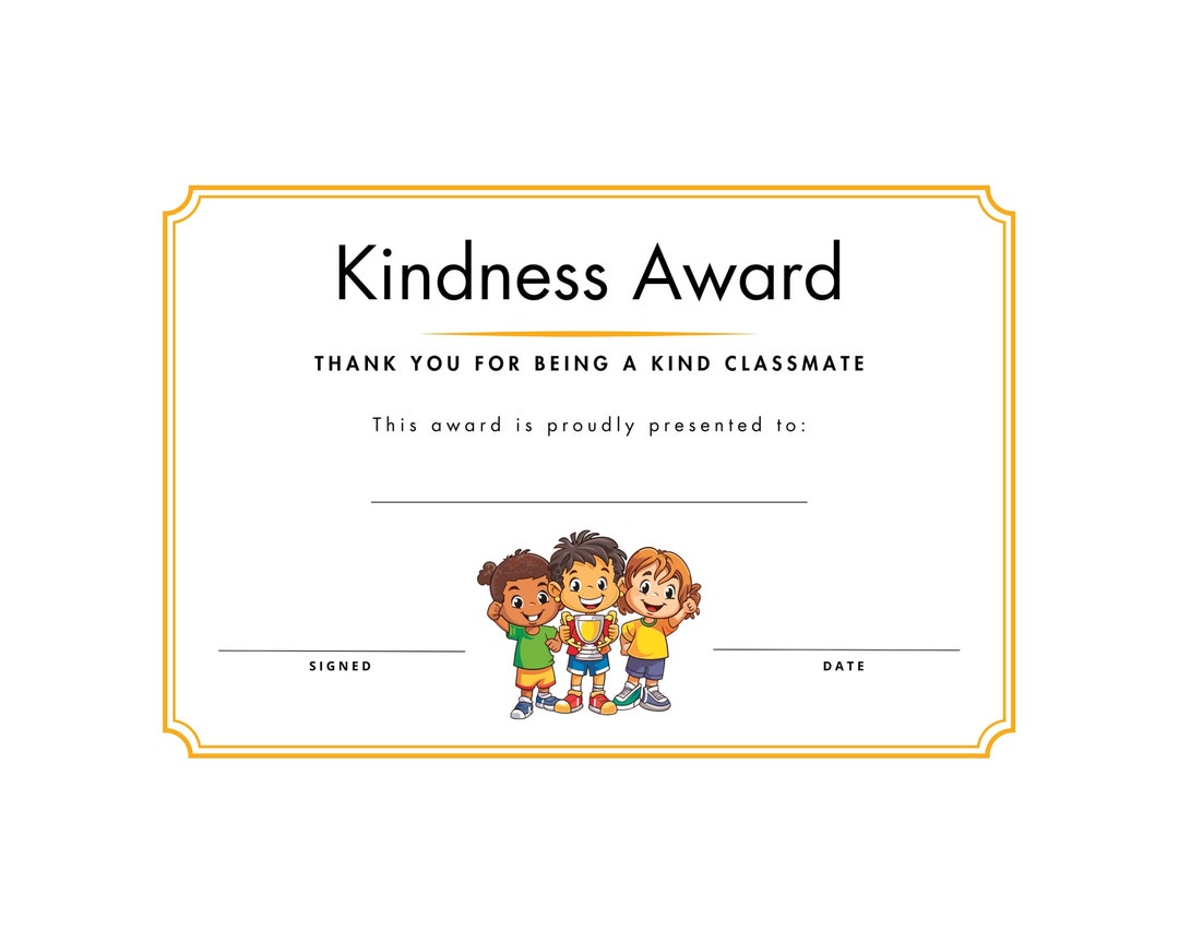 Kindness Award Certificate Any Age or Grade Level Instant Download ...