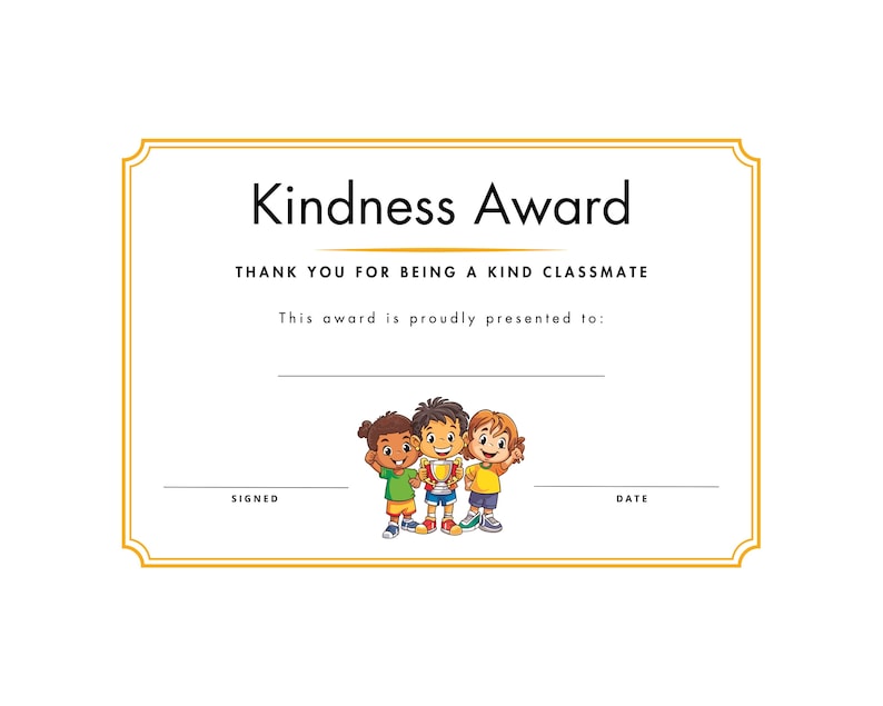Kindness Award Certificate Any Age or Grade Level Instant Download ...