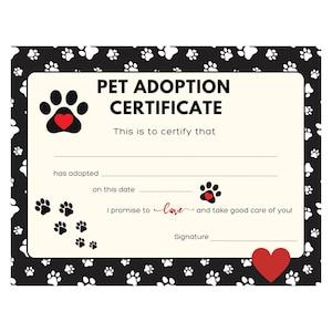 Pet Adoption Certificate Instant Printable Paw Prints for Pretend Pet ...
