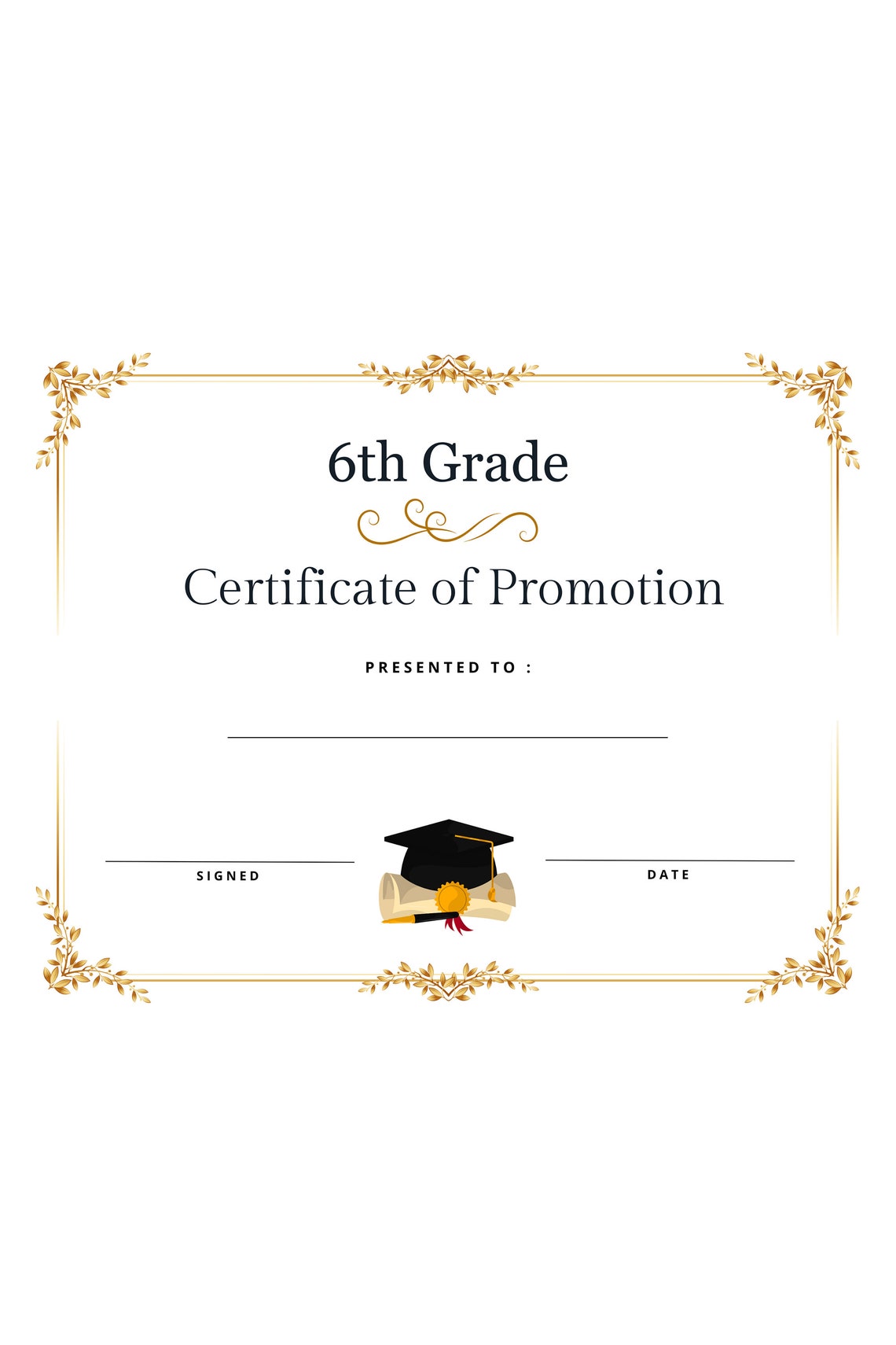 Sixth 6th Grade Promotion Graduation Diploma Certificate Easy Instant ...