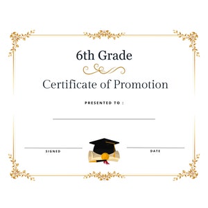 Sixth 6th Grade Promotion Graduation Diploma Certificate Easy Instant ...