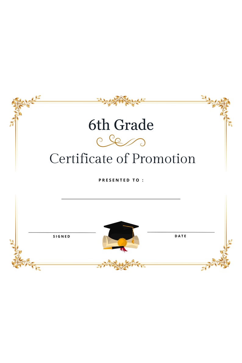 Sixth 6th Grade Promotion Graduation Diploma Certificate Easy Instant ...
