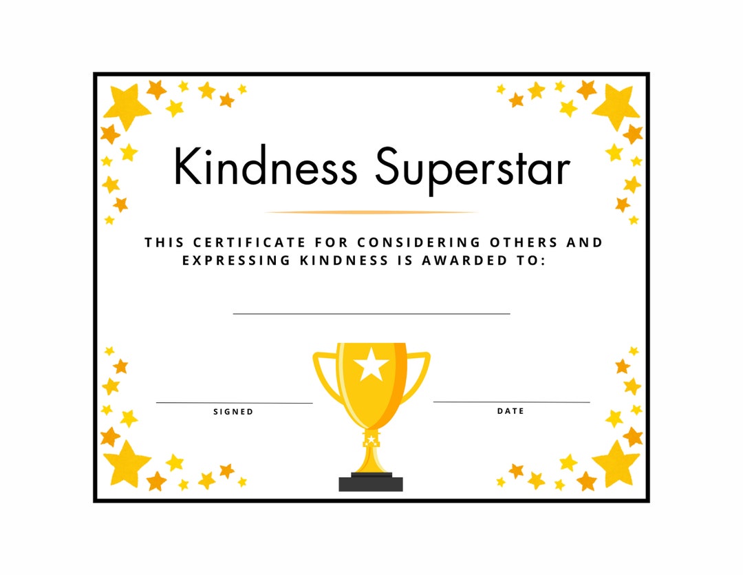 Kindness Superstar Certificate Award for Any Age or Grade Level Instant ...